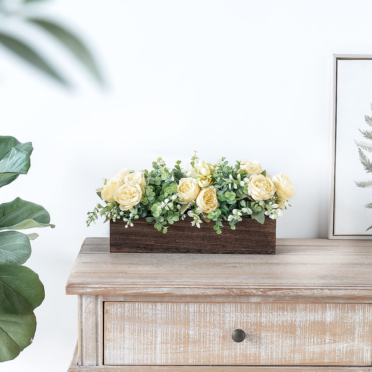 Dahey Centerpiece Table Decorations for Dining Room Farmhouse Living Room Table Centerpieces Decor Wood Tray with 3 Artificial Flowers and 2 Eucalyptus for Kitchen Table, 14.1" x 4.7" x 3.1"