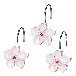 Creative Scents Vanda Flower Shower Curtain Hooks - Set of 12 White & Pink Floral Shower Curtain Hooks - Decorative Shower Curtain Rings for Curtain - Spring Blossom Shower Hooks for Shower Curtain