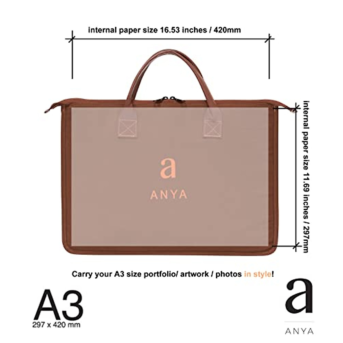 ANYA Art portfolio bag, artist carrying case, storage bag for artwork, posters with zipper and handles, light weight art bag for professionals, students KONST