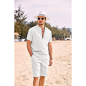 COOFANDY Men's 2 Pieces Linen Set Casual Henley Shirts Short Sleeve Beach Yoga Shorts Summer Pants Outfits