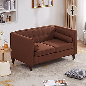 Dreamsir 58Inches Loveseat Sofa, 2 Seater Fabric Sofa Couch with Two Throw Pillows, Solid Wood, Mid Century Modern Couch for Living Room, Small Space, Apartment（Brown） 7097 Linen