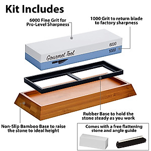 Whetstone Knife Sharpener by Gourmet Tool - 1000/6000 Knife Sharpening Stone - Waterstone Grit with Non-Slip Bamboo Base Flattening Stone and Angle Guide - Best Wet Stone Kitchen Knives Gift Ideas