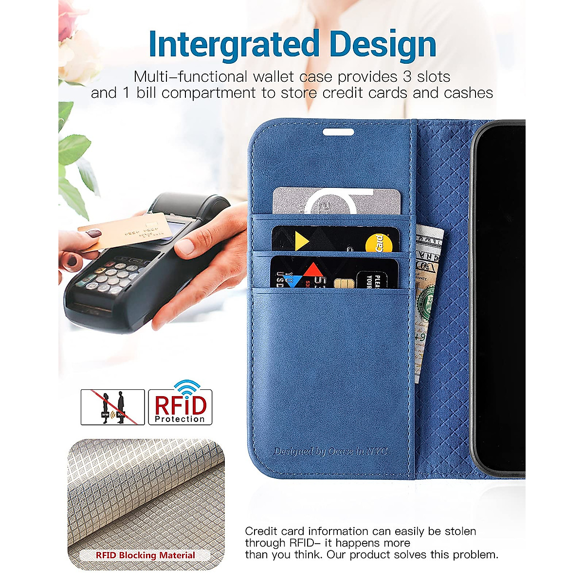 OCASE Compatible with iPhone 13 Wallet Case, PU Leather Flip Folio Case with Card Holders RFID Blocking Kickstand [Shockproof TPU Inner Shell] Phone Cover 6.1 Inch 2021 (Light Blue)