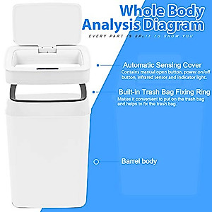 Bathroom Trash Can, 3.7Gallon/14Liter for Bathroom | Bedroom Automatic Garbage Cans with Lid Rectangular Bathroom Trash Can for Cupboard/Bathroom/Bedroom/Office/Camping/RV-White