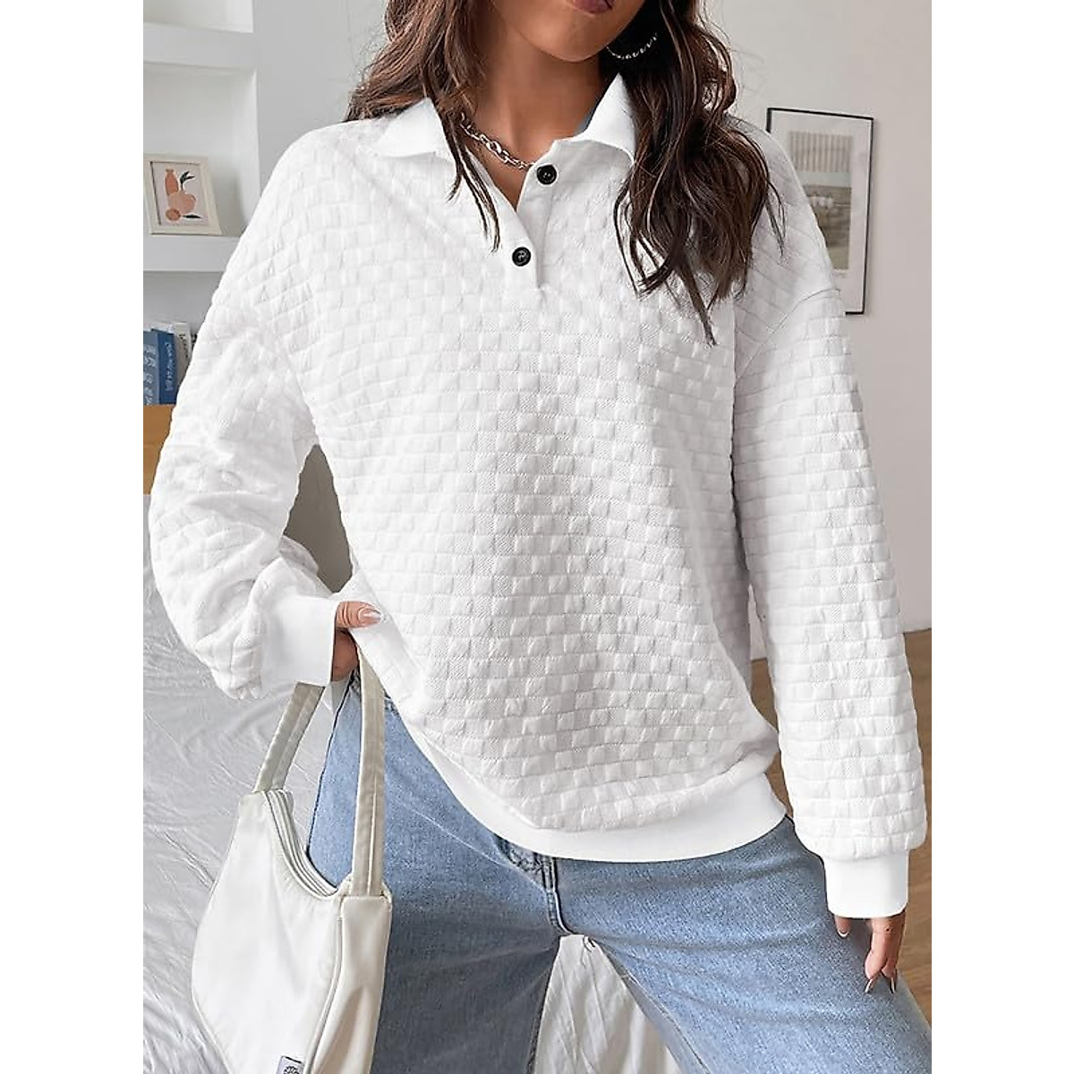 Dokotoo Womens Waffle Knit Tops Loose White Plus Size Oversized Sweatshirt for Women 2025 Fashion Fall Trendy Quarter Button V Neck Casual Patchwork Pullover Sweatshirts Shirts XXLarge