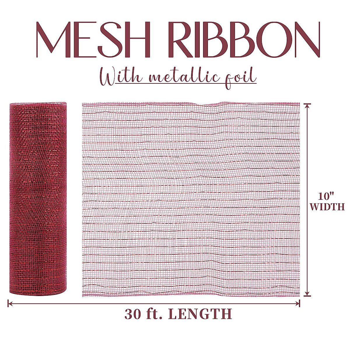 MEEDEE Burgundy Deco Mesh 10 Inch Burgundy Mesh Metallic Mesh Ribbon for Christmas Tree Maroon Deco Mesh Basic Mesh Ribbon for Wreaths Garland Staircase Mailbox Swag Centerpiece Decorating (30 Feet)