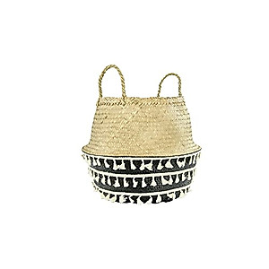 Creative Co-Op Beige & Black Natural Seagrass Collapsible Handles & White Tassels Basket