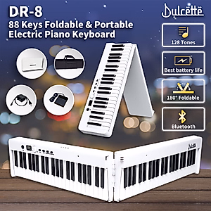 Dulcette *NEW* Foldable Electric Piano Keyboard | 88 Keys Portable Keyboard | Semi-Weighted Touch Sensitive Keys | MIDI & Dual Speakers Sustain Pedal | Digital Piano FREE Bag (White)
