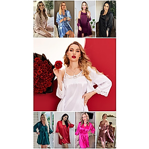 Ekouaer Sleepwear Women's Satin Nightgown with Robes Set 2 Piece Sexy Lace Cami Nightwear Black L