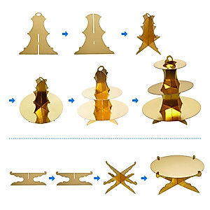 Rbenxia 7 Pieces Cake Stand Set 3-Tier Round Cardboard Cupcake Tower with Rectangle Serving Tray 1-Tier Round Cake Stand Dessert Holders for Birthday Party Wedding Bridal Shower (Gold)