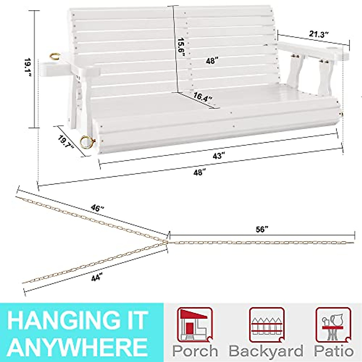 4FT Wooden Porch Swing w/Cupholders,Heavy Duty 800LBS Outdoor Swing Bench w/Chains,Patio Roll Back Swing Chair Bench,Front Porch 2-Person Hanging Bench,for Garden Courtyard Lawn & Balcony Backyard
