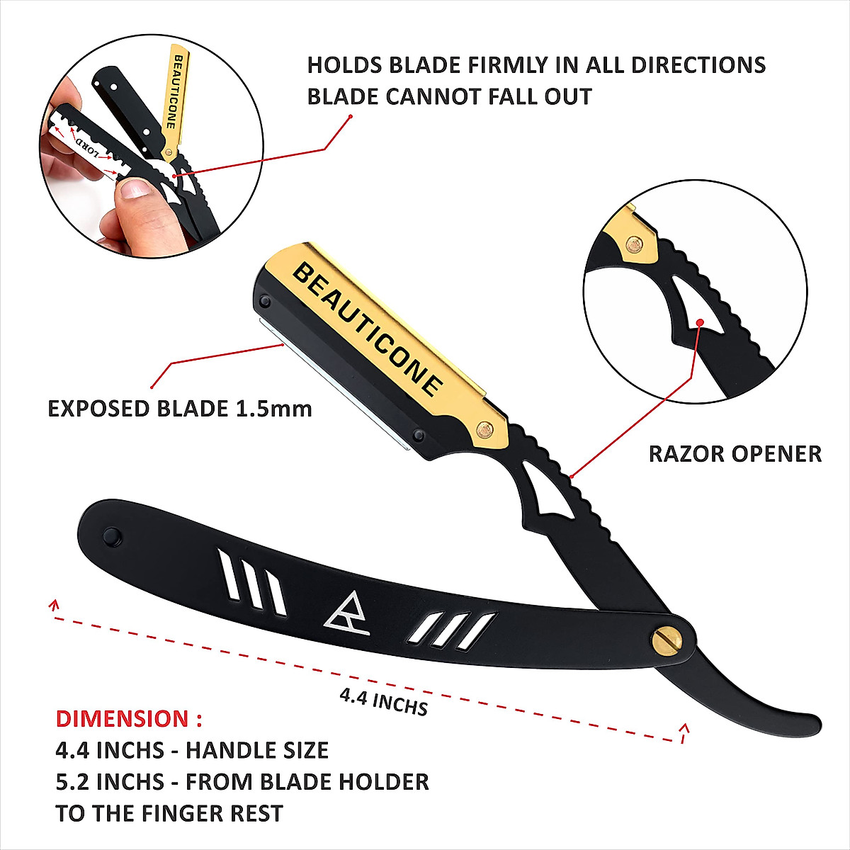 BEAUTICONE Straight Razor for Men, Professional Barber Razor with 100 Single Edge Blades, Straight Edge Single Blade Razors for Men, (Black & Gold with 100 blades)