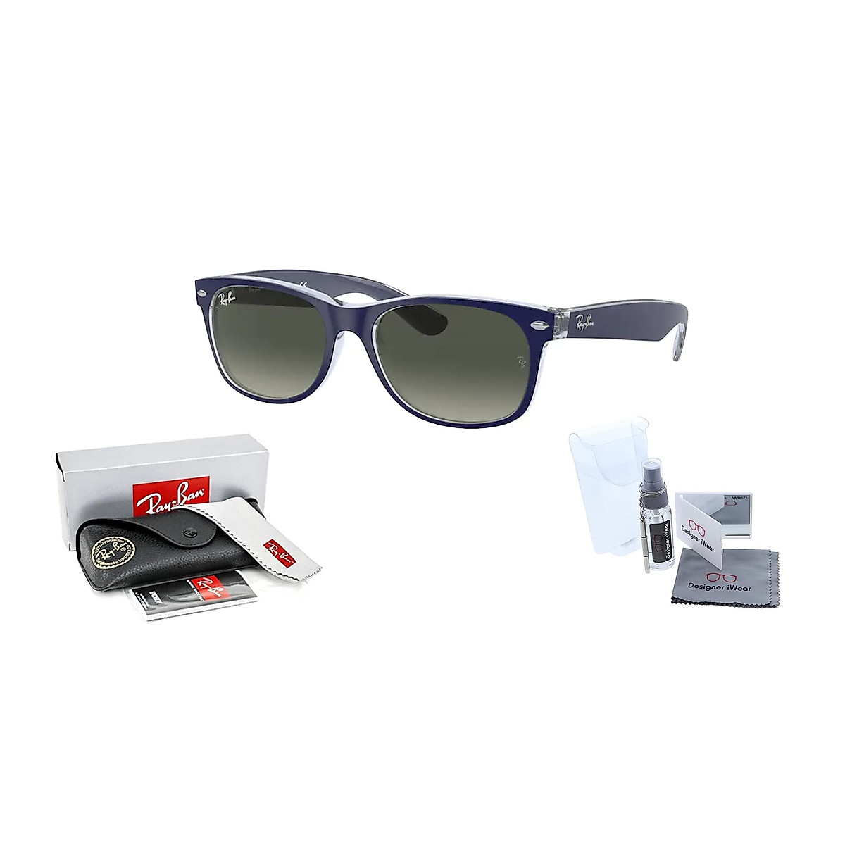 Ray-Ban RB2132 NEW WAYFARER Square Sunglasses For Men For Women + BUNDLE with Designer iWear Eyewear Kit (Matte Blue on Transparent/Crystal Lens Light Grey Gradient Dark Grey)