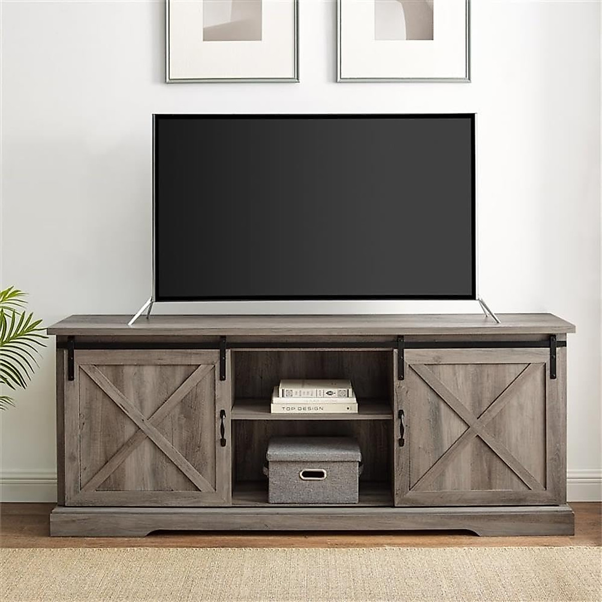 Walker Edison Corbin Modern Farmhouse Sliding X Barn Door TV Stand for TVs up to 80 Inches, 70 Inch, Grey Wash