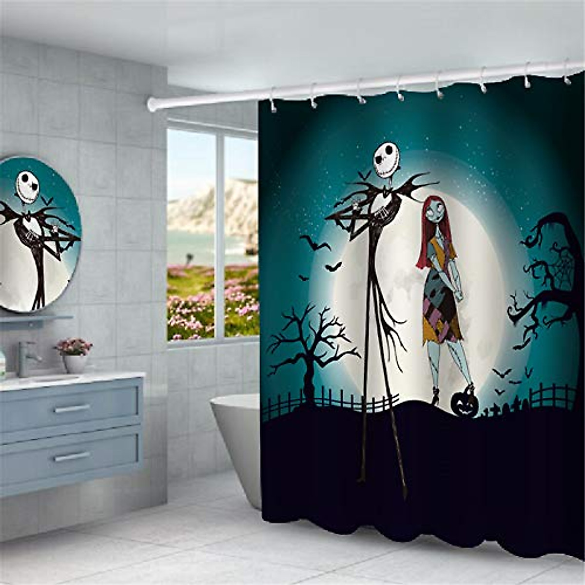 TAWOAO 4 Pcs Jack Skellington Shower Curtain Set with Non-Slip Rugs,Toilet Lid Cover and Bath Mat,Nightmare Before Christmas Shower Curtain with 12 Hooks