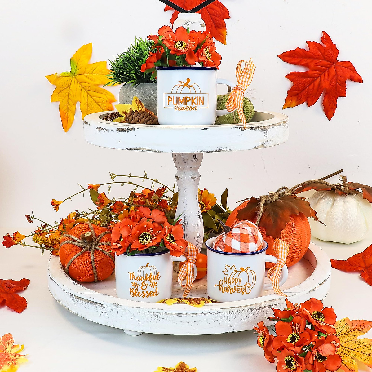 3PCS Mini Coffee Mug with Artificial Flowers for Fall/Thanksgiving Tiered Tray Decor - Autumn Pumpkin Ceramic Fall Decorations for Home Fall Decor Farmhouse Table Centerpiece Warming Gifts New Home