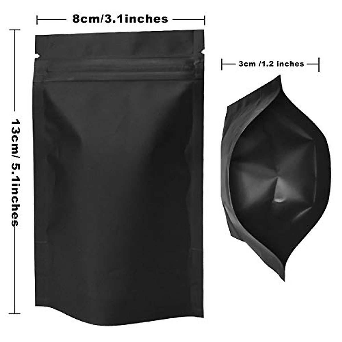 STUs 100 Pack Smell Proof Bags - 3.1 x 5.1 Inch Resealable Stand-Up Mylar Bags Foil Pouch Double-Sided Pouch Matte Black