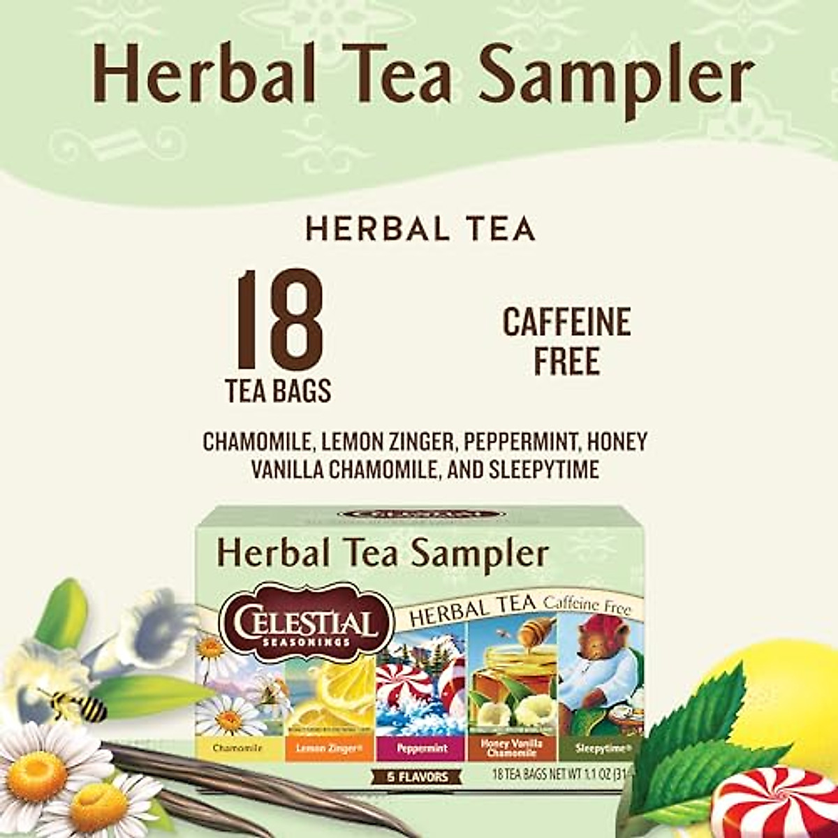 Celestial Seasonings Herbal Tea Sampler Variety Pack, Caffeine Free, 18 Tea Bags Box