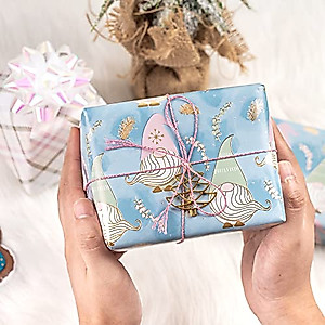 WRAPAHOLIC Reversible Christmas Wrapping Paper - 30 Inch X 100 Feet Jumbo Roll Blue Gnome and Plaid Design with Metallic Foil Shine
