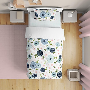Sweet Jojo Designs Navy Blue and Pink Watercolor Floral Girl Toddler Kid Childrens Comforter Bedding Set - 5 Pieces Comforter, Sham and Sheets - Blush, Green, White Shabby Chic Rose Flower Polka Dot