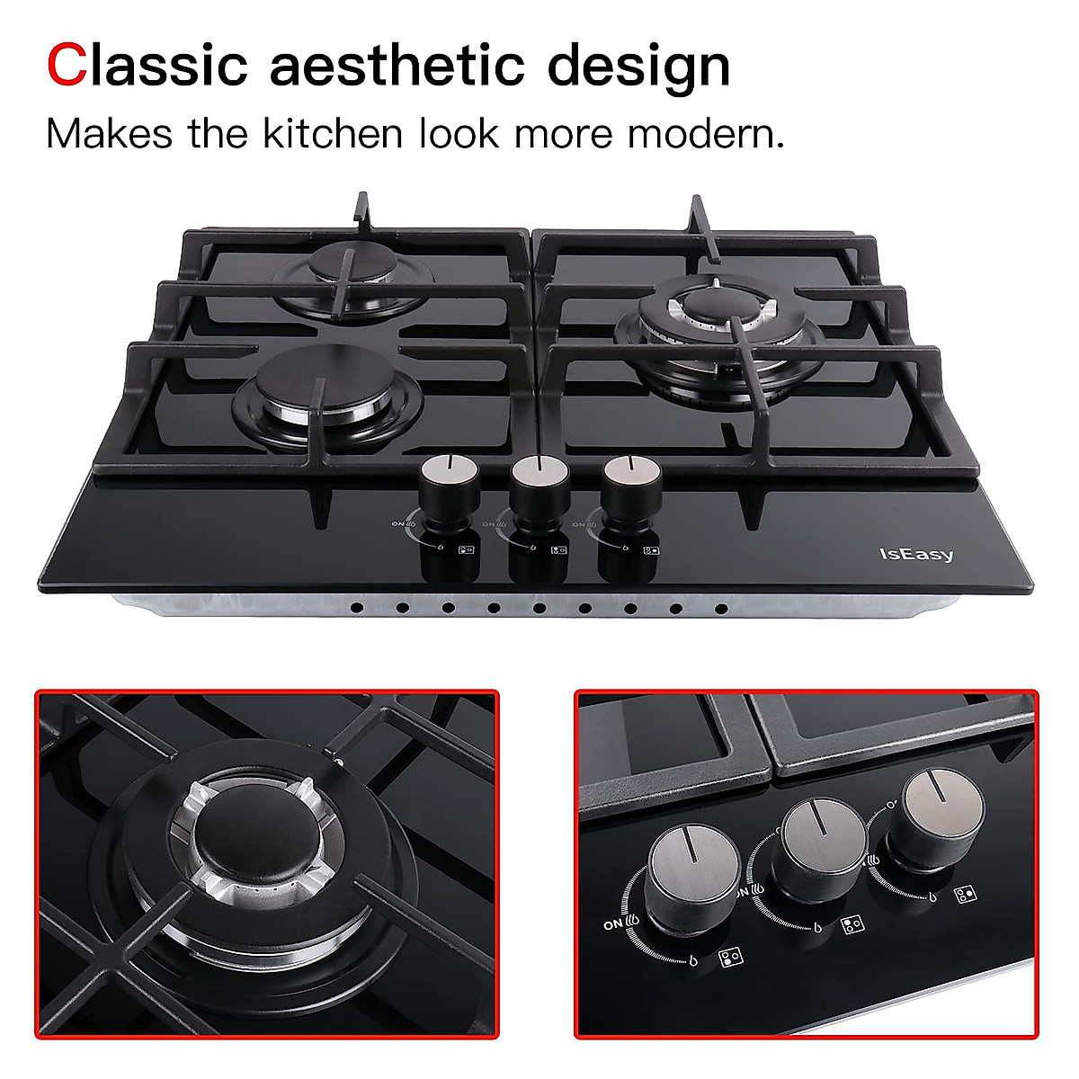 24" Built-in Gas Cooktop, 3 Burner Gas Stovetop, 24 Inch NG/LPG Convertible Natural Gas Propane Cooktops, 3 Burner Gas Stovetop With Thermocouple Protection, Black Tempered Glass-IsEasy