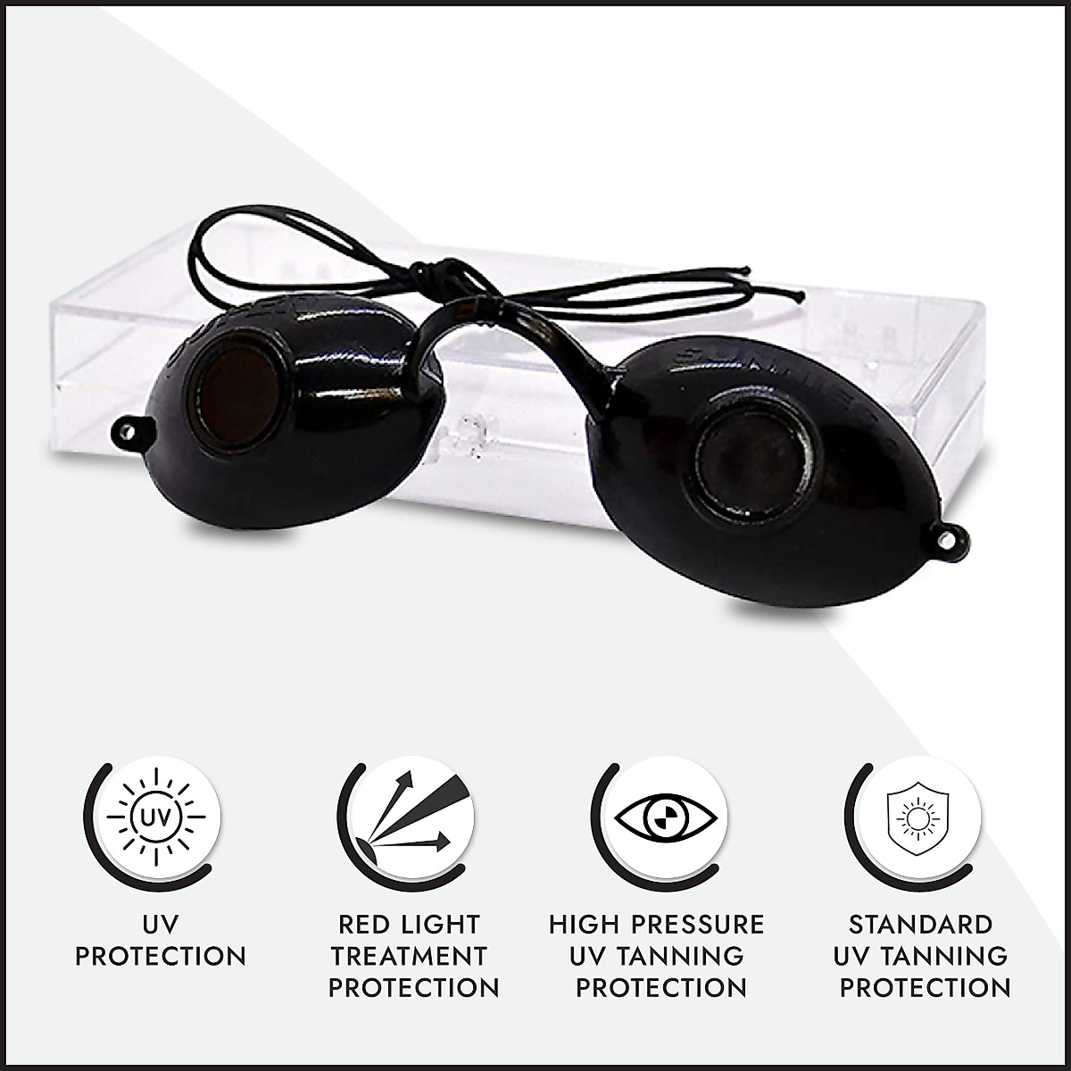 Super Sunnies UV Eye Protection, FDA Compliant Individual Tanning Bed Goggles Eyeshields, Glasses, With a Clear Case/Box (Black)
