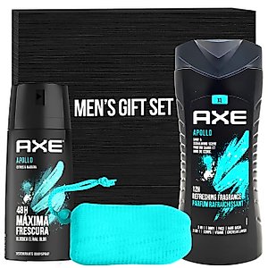 Men's Gift Set, Includes Men Apollo Body Wash Sage and Sedalwood, Men Apollo Body Spray Citrus and Madera, Bonus Party-pom Soap Saver in Gift Box, Perfect for Father's Day, Dad, Boyfriend