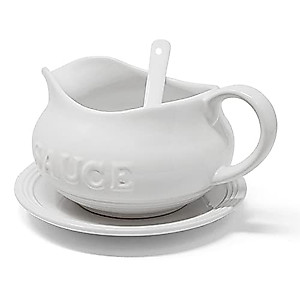 24 Oz Gravy Boat, Tray and Ladle | Ceramic White Gravy Dish With The Word "Sauce" On It