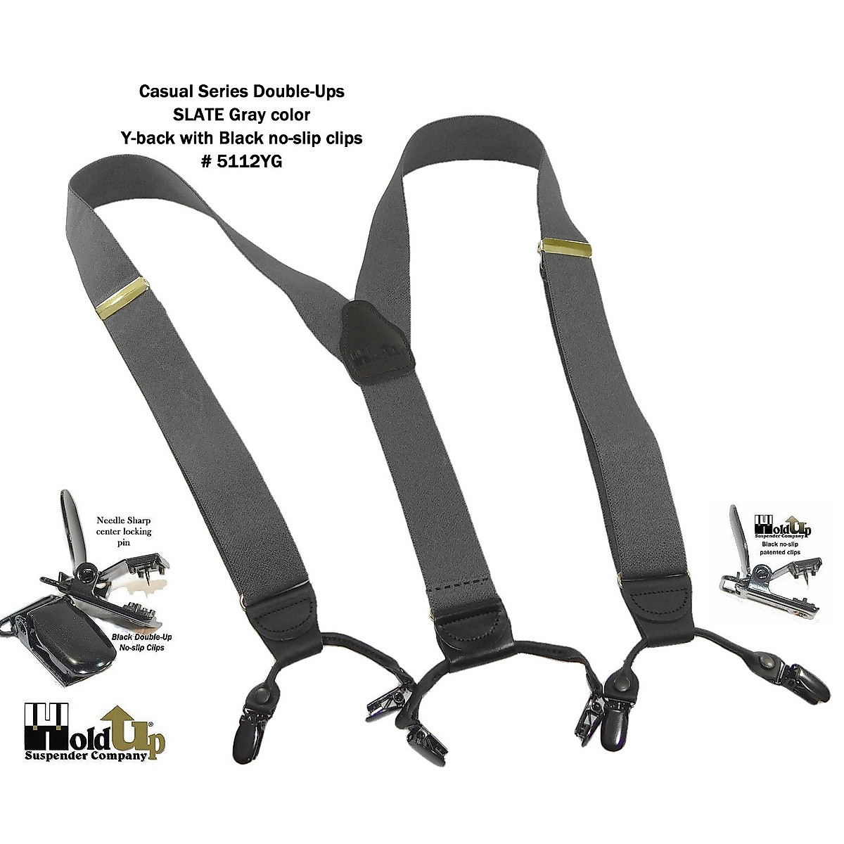 Holdup Brand Casual series Slate Dual Clip Double-Up style Suspenders for Men withNo-Slip® black clips