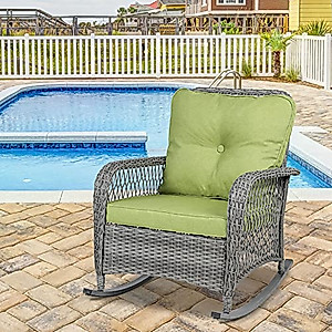VONZOY Outdoor Rocking Chairs, Wicker Patio Furniture with Green Thickened Cushion for Porch Balcony Deck