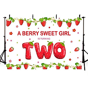 MEHOFOND 7x5ft Sweet Strawberry Theme 2nd Birthday Party Decoration Backdrop for Berry Sweet Girl Two Year Old Photography Background Cake Table Gift Table Photo Props Banner Supplies