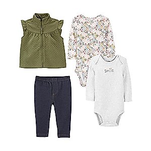 Simple Joys by Carter's Baby Girls' 4-Piece Bodysuit and Vest Set, Grey/Indigo/Olive/White Floral, 18 Months