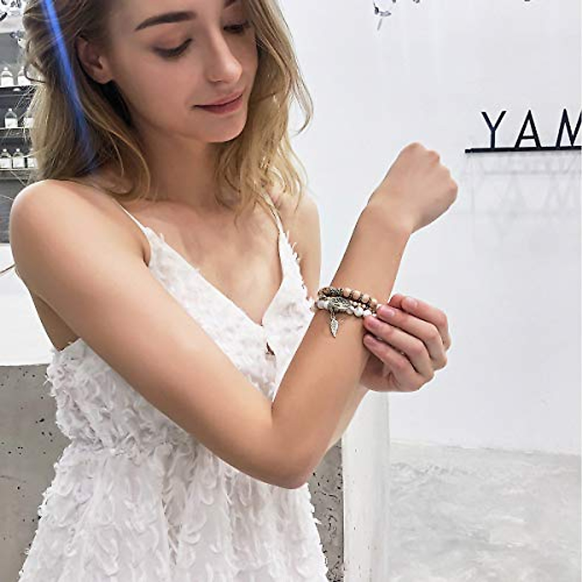 Tree of Life Turquoise Jasper & Tibetan Agate Gemstone Chakra Beaded Bracelet | Beach Charm Bracelet Set - Ocean Jewelry (Brownish Yellow)