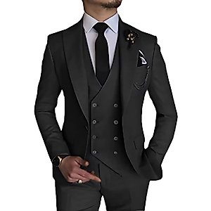 Mens Stylish 3 Piece Dress Suit Classic Fit Wedding Formal Jacket & Vest & Pants Black 4XL