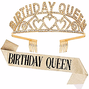 COCIDE Birthday Sash for Girls Gold Tiara and Crowns for Women Birthday Decorations Set Gift for Her Rhinestone Headband Crystal Hair Accessories for Cake Toppers Birth Hairpiece Hair Band for Party
