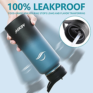AEXPF 40 oz Insulated Water Bottle, Stainless Steel Vacuum Sports Water Bottle with 3 Lids, Durable Leakproof Metal Thermos, BPA-free Water Flask Jug with Strap for Gym Camping, Indigo Black Gradient