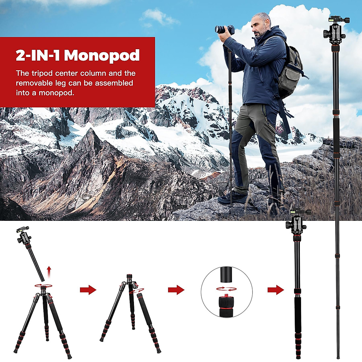 Tripod for Camera, 80“ Heavy Duty Camera Stand Tripod, Professional Ball Head Tripod Stand with Twist Locks, Aluminum Tripod Stand for DSLR Camera Spotting Scope, Video Camera Tripods & Monopods