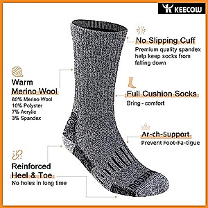 KEECOW Merino Wool Crew Socks For Men & Women, Thermal, Warm, Winter Cushion Socks For Hiking Working Running, 3 Pairs (Large, Charcoal B)