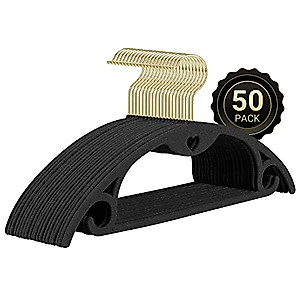 Velvet Clothes Hangers, ESEOE 50 Pack No Shoulder Bumps Suit Hangers with Swivel Hook, Ultra Thin Space Saving, Wide for Coat, Sweaters, Jackets, Shirt, Pants, Dresses (Dark Grey with Gold Hook)