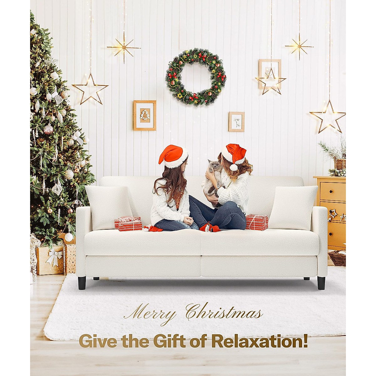 Welzona 83" Sofas for Living Room, Comfy Love Seat Couches, Teddy Fleece Loveseat Sofa, Tool-Free Setup Couches for Living Room, All-Wood Sofa Couch, Small Couch 2 Pillow Included, Beige