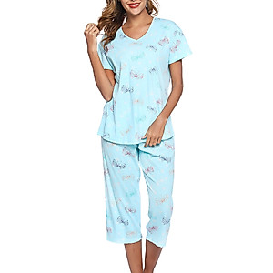 ENJOYNIGHT Womens Pajama Sets Cotton Pj Set Short Sleeve Top With Capri Pants Sleepwear 2 Piece Lounge Set(Medium,Flyyying)
