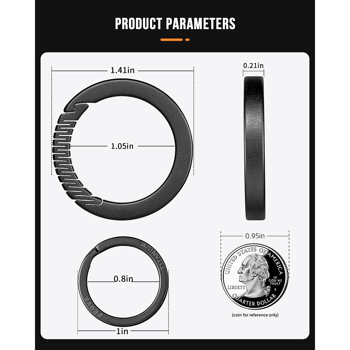 FEGVE Carabiner Keychain Clip with 2 Key Rings, Titanium Quick Release Keychain Small Carabiner Clip for Keys (Black)