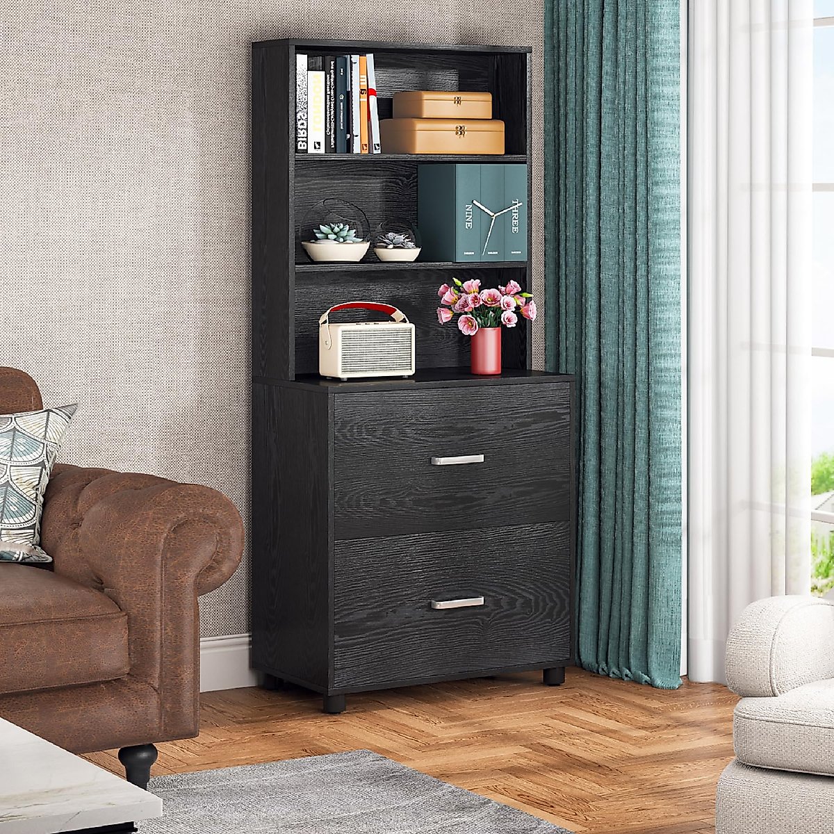 Tribesigns Vertical File Cabinet Modern Wood Filing Cabinet with 2 Large Drawer fit Letter/A4 Size, Large Printer Stand with 4 Open Storage Bookshelves for Home Office, Black