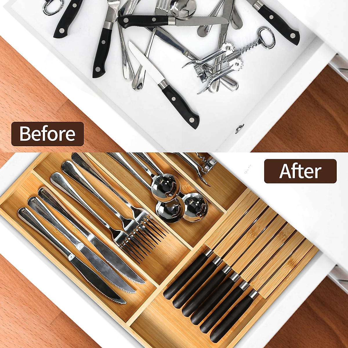 VaeFae Bamboo Silverware Organizer, Utensil Holder for Drawer, Wooden Cutlery Tray with Divider for Kitchen, Flatware Storage and Removable Knife Block, 13 x 17 inches