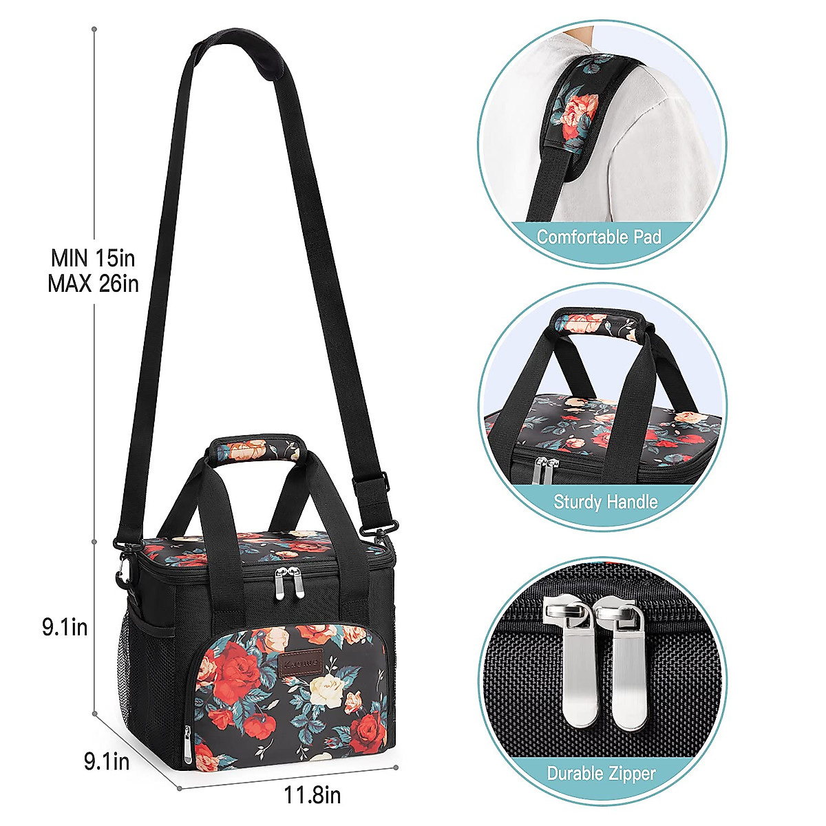 Kaome Large Lunch Bags for Women/Men 15L (24-Can), Insulated Lunch Box 100% Leakproof Cooler Bag for Office Work School Picnic Beach, with Adjustable Shoulder Strap-Floral