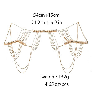 Beauty7 Body Chain Harness Link Necklace Gold Shoulder Chain Collar Dangling Tassels for Bridal Women Prom Party Wedding Dress Accessory Fashion Multilayer Jewelry