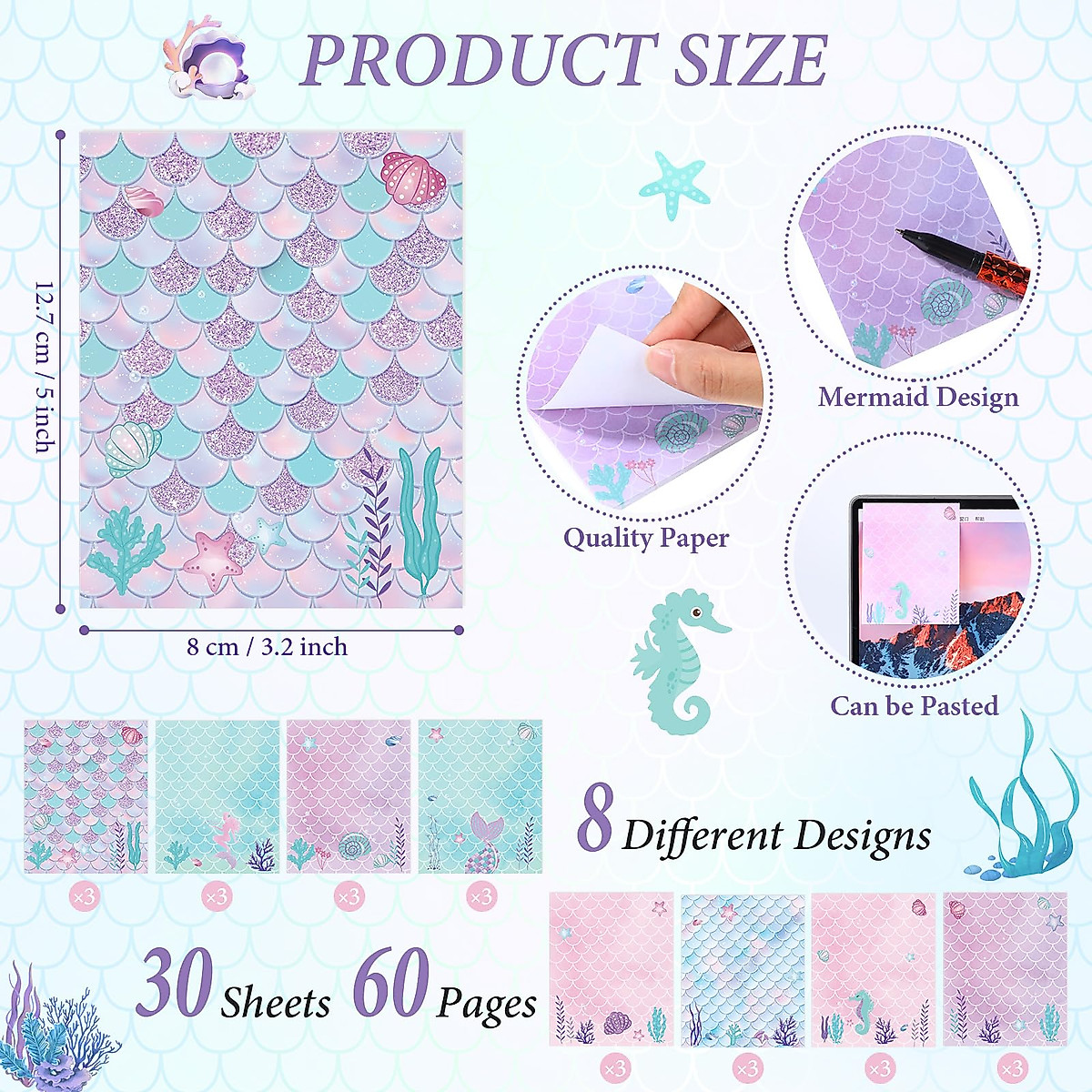 Ireer 48 Pcs Mermaid Pens and Mermaid Note Pads Set Mermaid Party Favors Mermaid School Supplies Cute Sticky Note Pads with Gel Ink Pen for Girls Birthday Gift Decorations School Classroom Awards