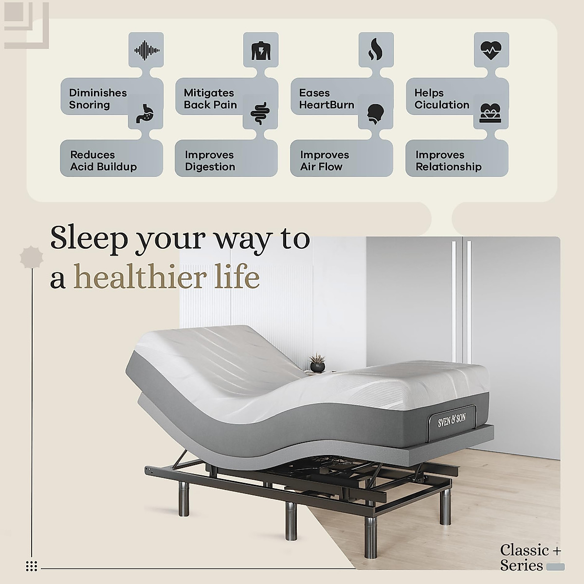 Sven & Son Classic Plus (with Head-Tilt) Adjustable Bed Base-Frame + 10 inch Memory Foam Matt (Firm), Head and Foot Lift, Massage, Under-Bed Lights, USB, Memory, Zero Gravity - Twin XL