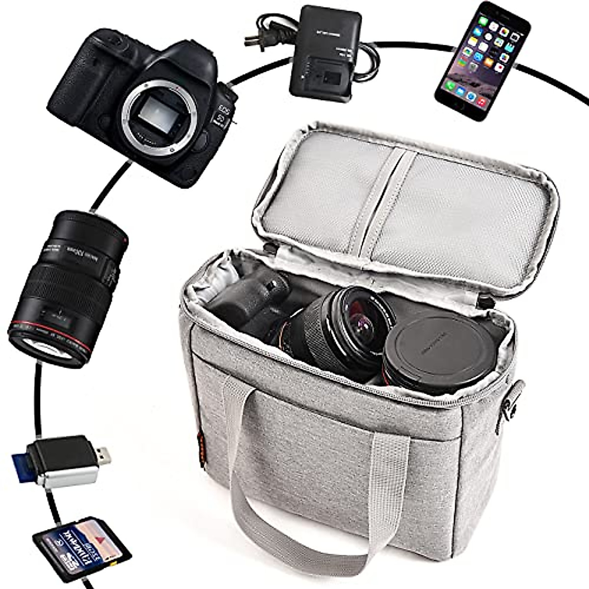 FOSOTO Camera Bag Case with Waterproof Rain Cover Compatible for Nikon D3500 D5600 D7500 D610 Canon EOS 4000D 2000D SL3 T7 M50 M6 SX530 Fujifilm X-T20,Grey