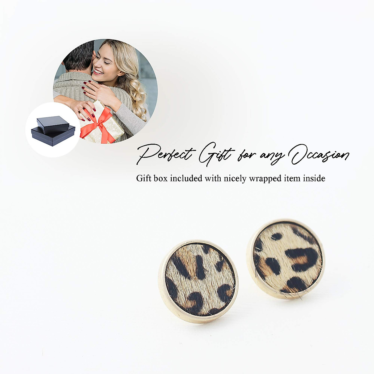 Animal Print Stud Earrings for Women – Leopard, Jaguar, Zebra, Snakeskin – Genuine Leather – Round, Oval, Teardrop - Fashion Statement Earrings - Gift Box Included (Round - Leopard)